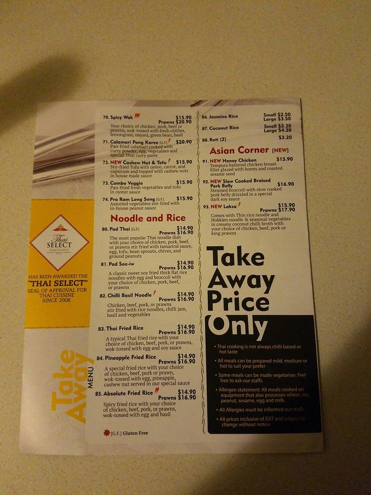Menu at Absolute Thai restaurant, Wynnum