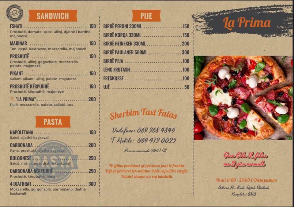 Speisekarte von La Prima pizzeria, Tirana