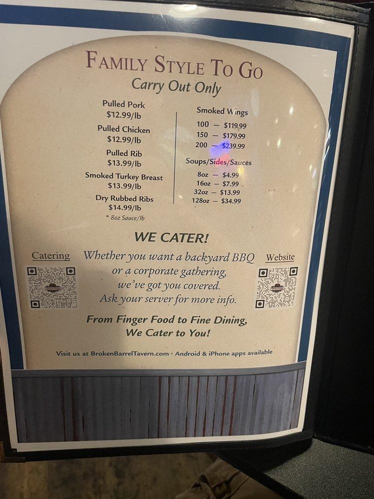 Menu at The Broken Barrel Tavern, Palm Bay