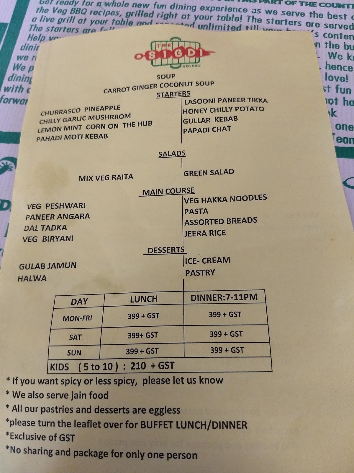 Menu at The Sigdi Veg BBQ, Hubballi