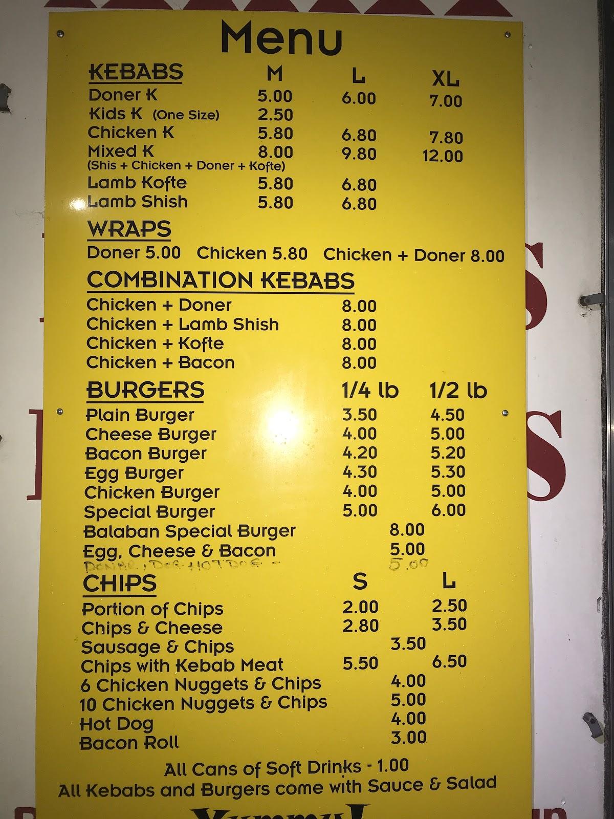 Menu at Balaban Kebab Van restaurant, Cambridge