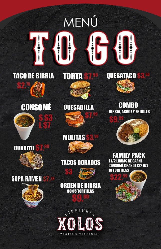Menu at Birrieria Xolos restaurant, Ontario