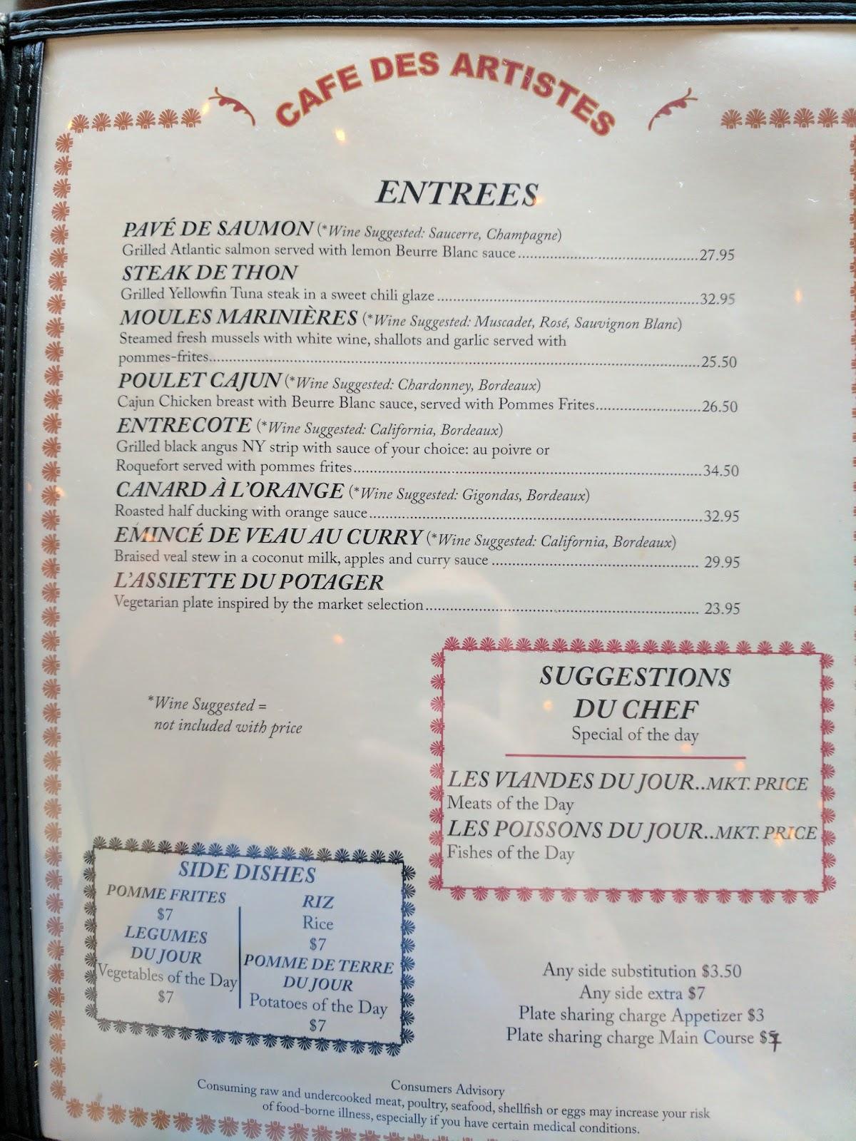 Menu at Café Des Artistes restaurant, Jupiter, 318 South US Highway 1