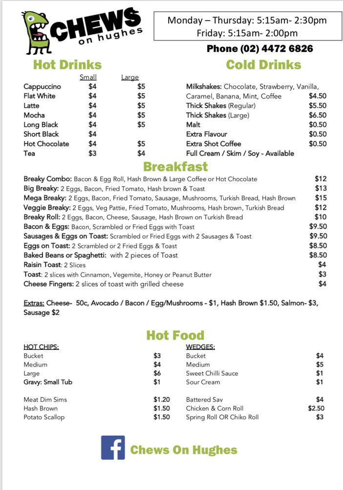 Menu at Chews on Hughes cafe, Batemans Bay