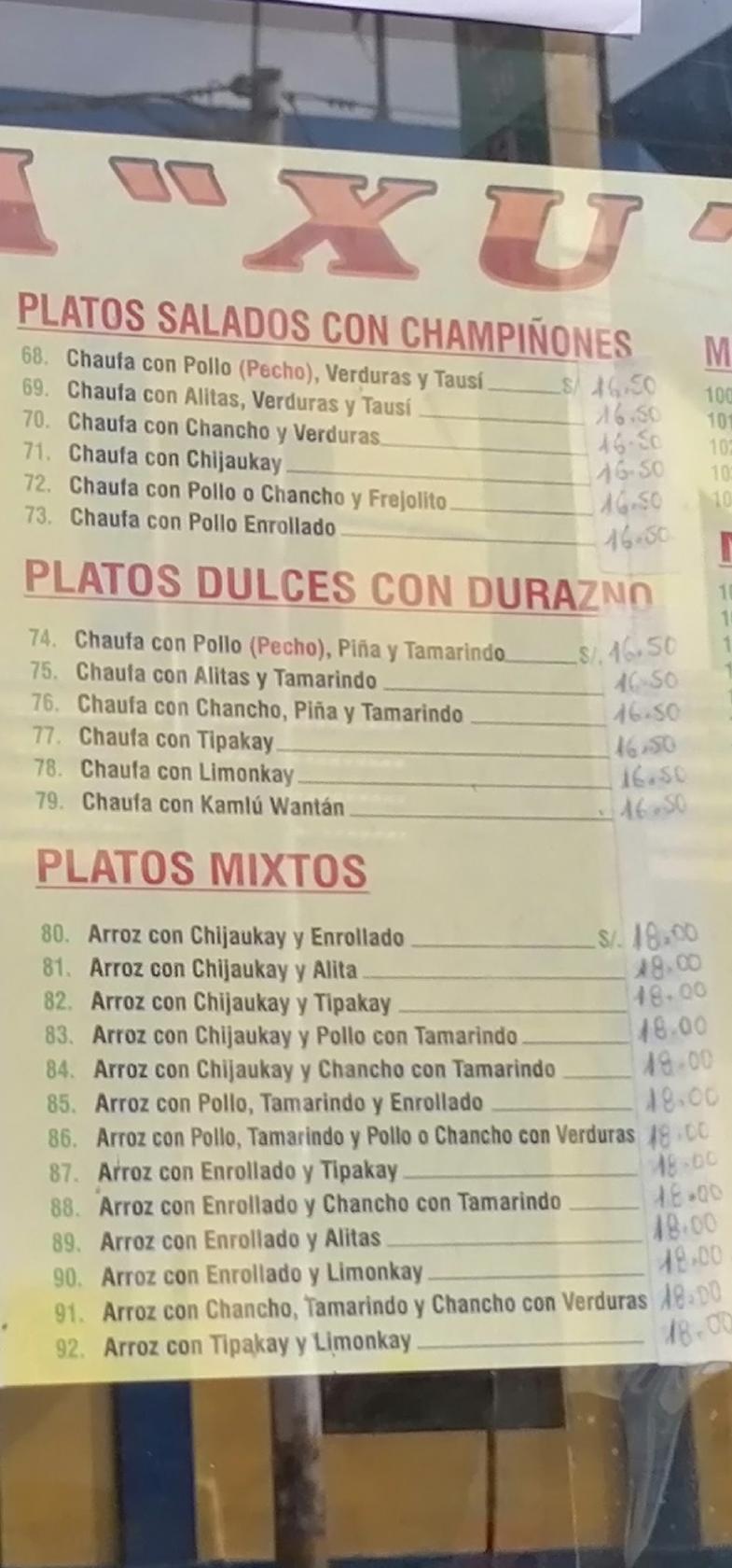 Menu at Chifa XU restaurant, Peru