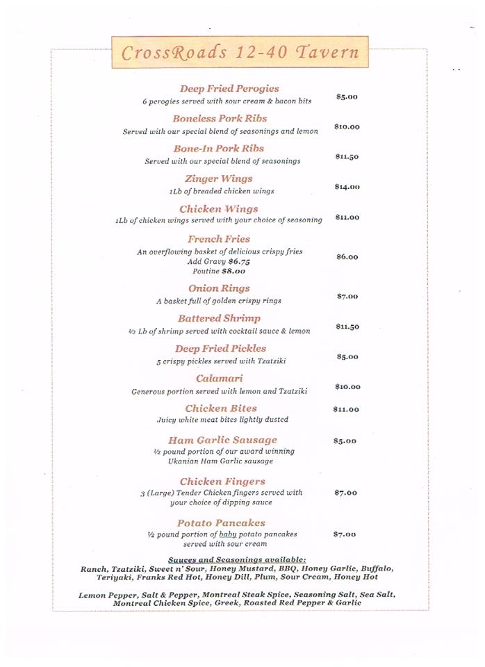 Menu at CrossRoads 12-40 Tavern Ltd pub & bar, Blaine Lake