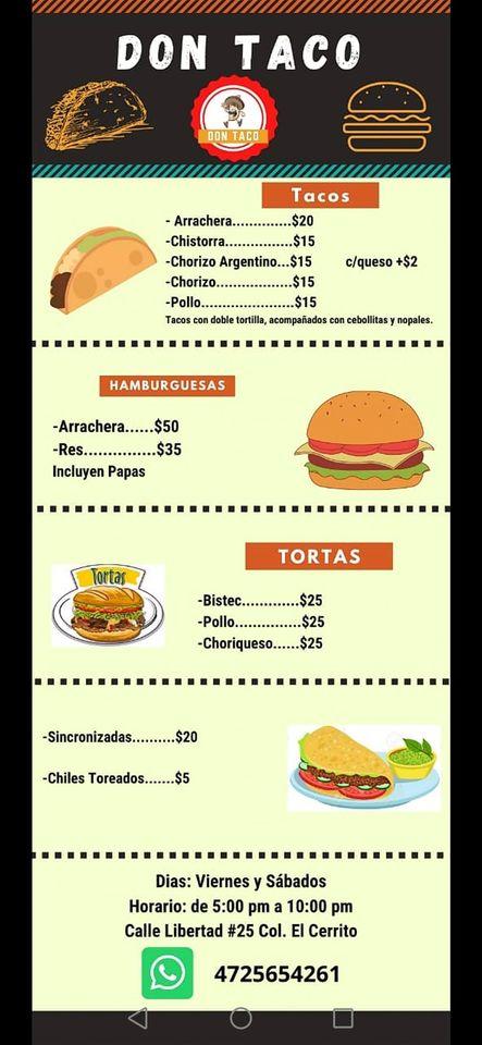 Menu at DON TACO restaurant, Colima, Andador Patria