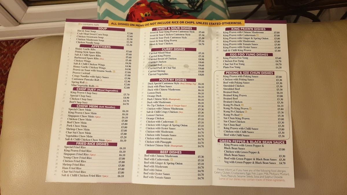 Menu at Dragon Palace fast food, Glasgow, 14 Ettrick Walk