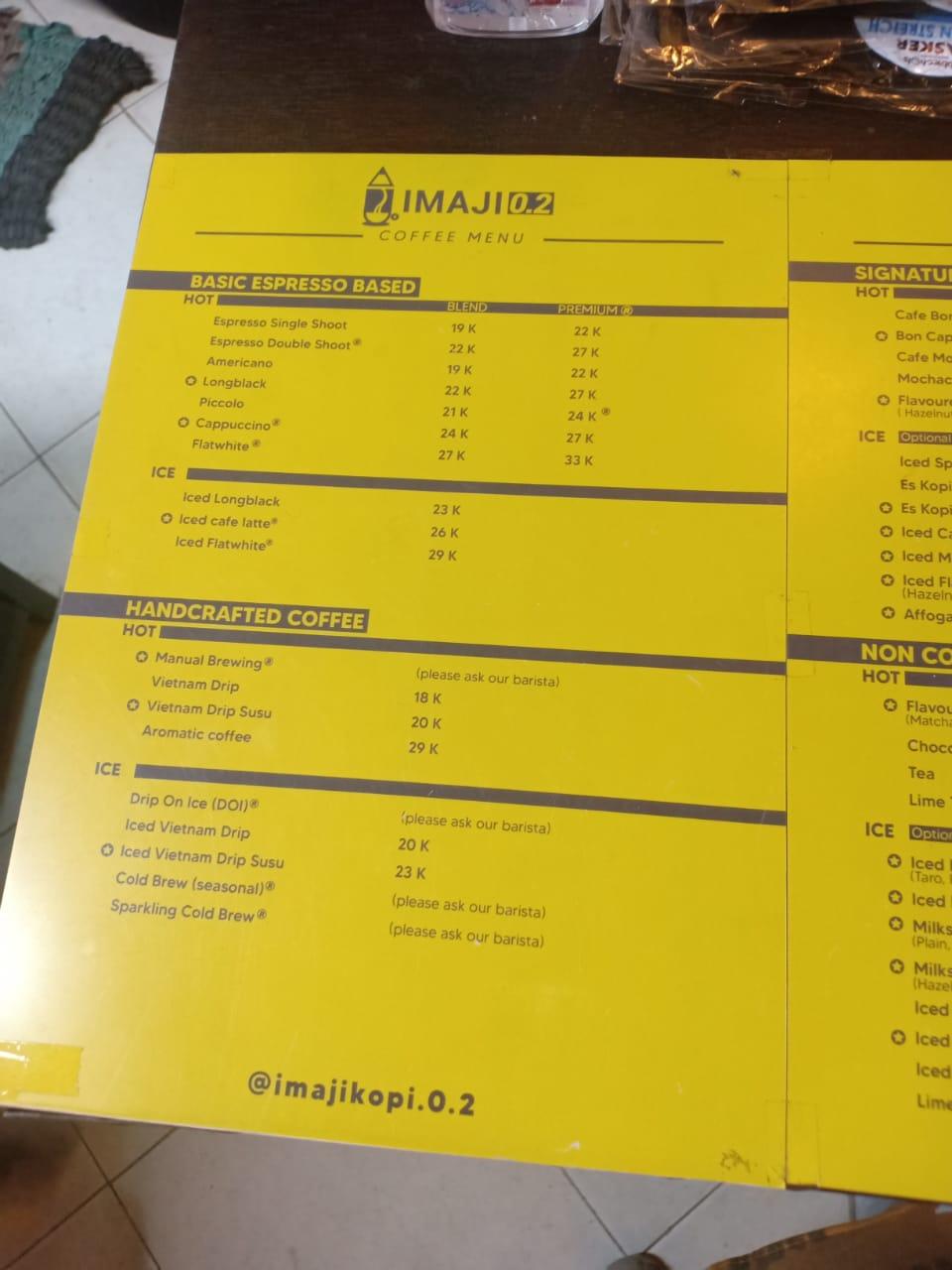 Menu at IMAJI kopi 0.2 cafe, Bontang