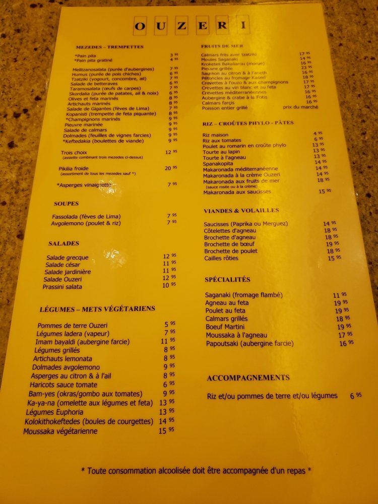 Menu au Ouzeri restaurant, Montréal