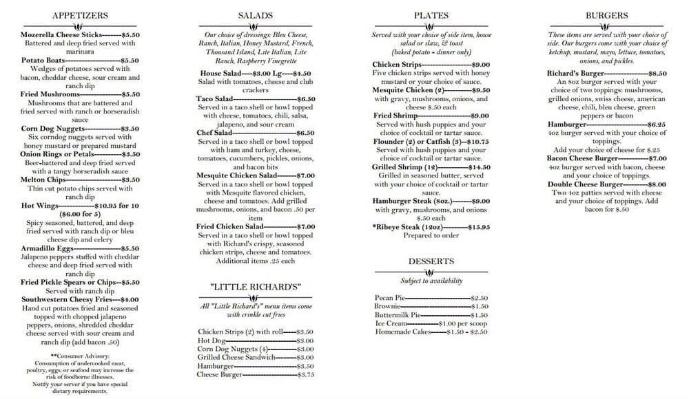 Menu at Richards Restaurant & Lounge, Elberton