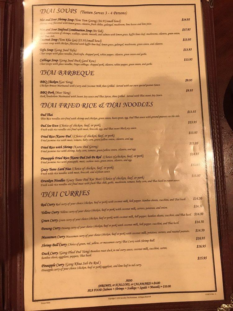 Menu at Sawadee (Utah) Thai Restaurant, Salt Lake City