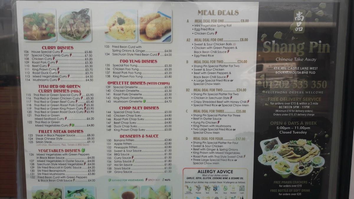 Menu at Shang Pin restaurant, Bournemouth