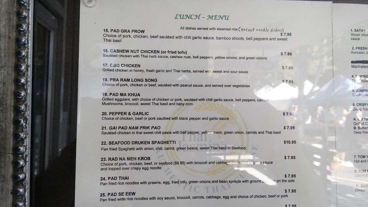 Menu at Thai Jasmine restaurant, Tracy