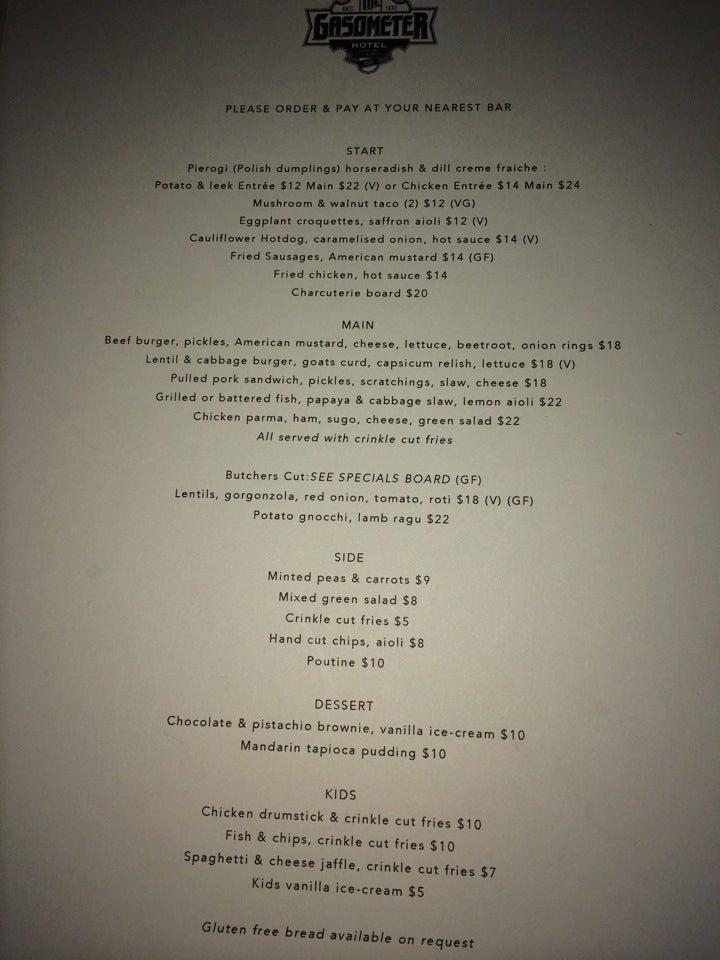 Menu at The Gasometer Hotel pub & bar, Collingwood