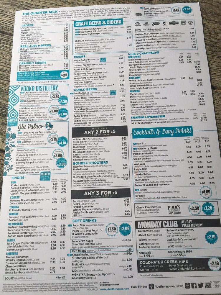 Menu at The Quarter Jack - JD Wetherspoon pub & bar, Wells