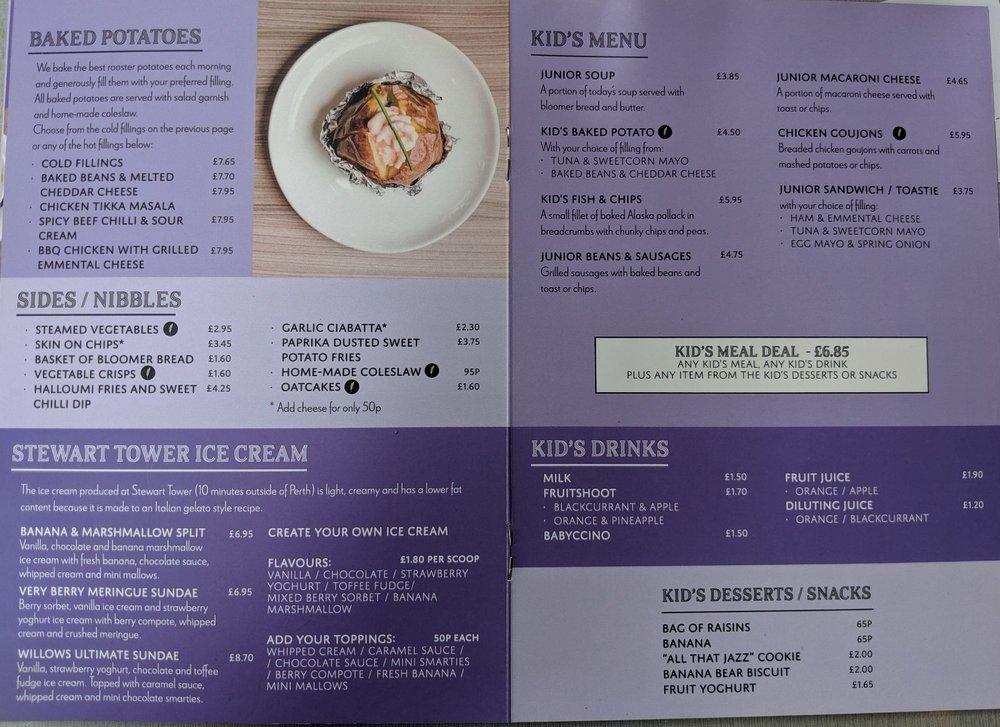 Menu at Willows cafe, Perth
