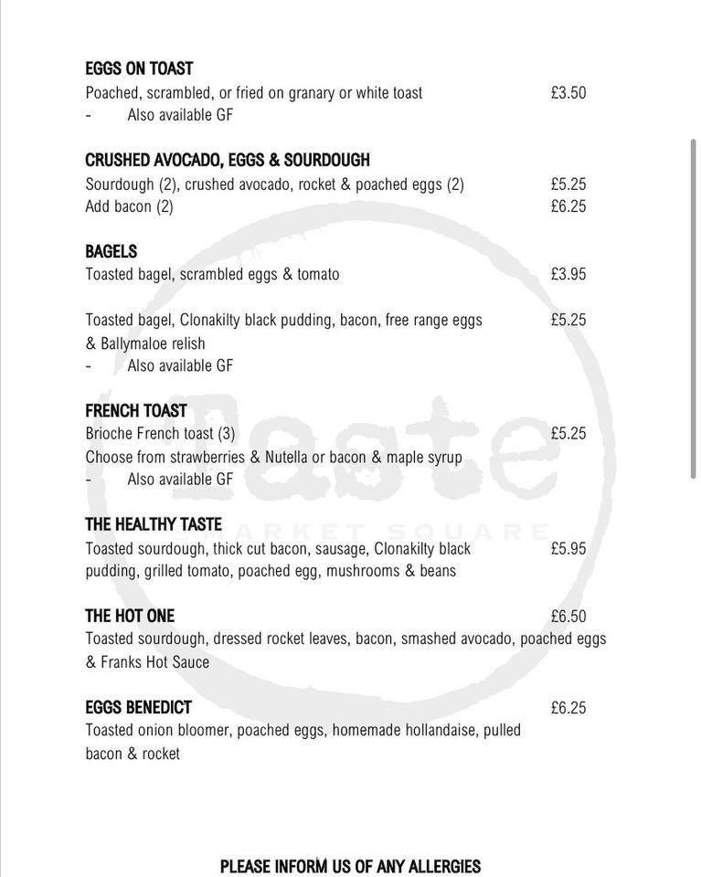Menu at Taste cafe, Dromore