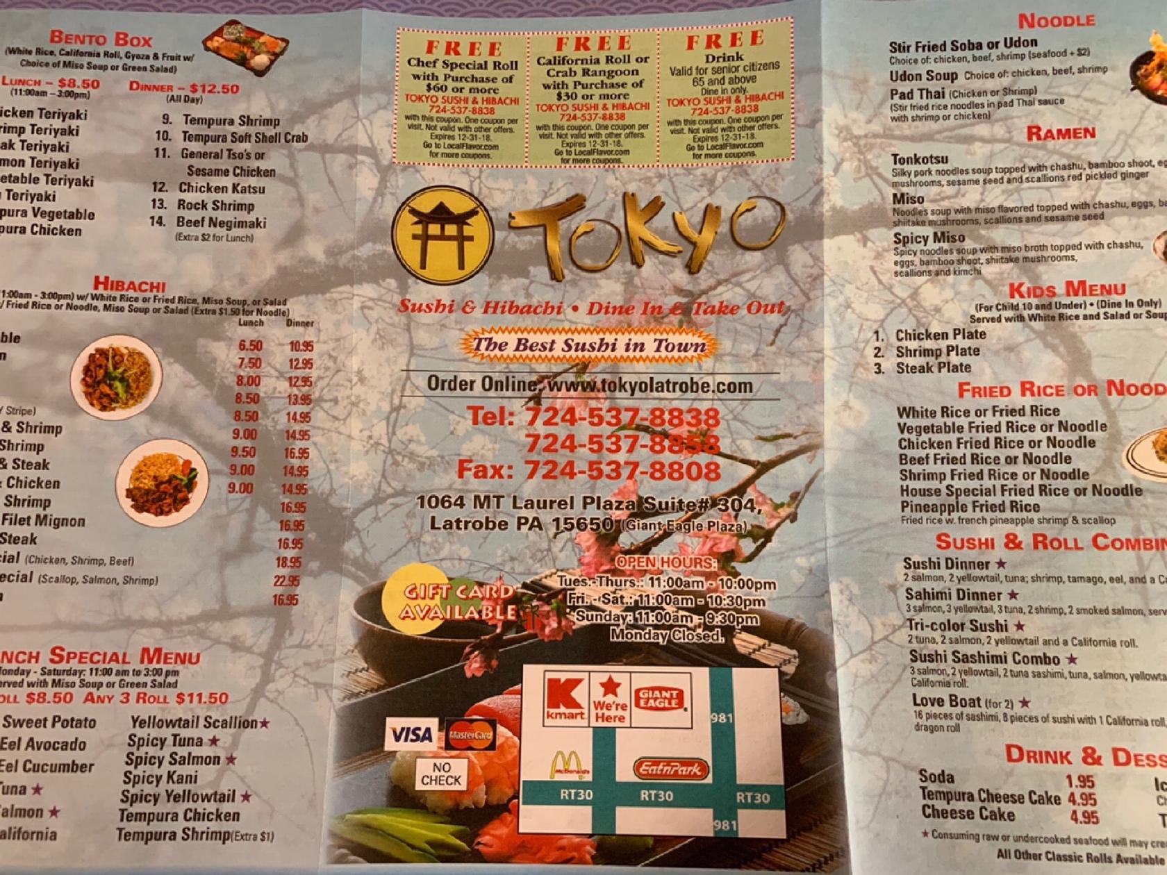 Menu at Tokyo Sushi & Hibachi restaurant, Latrobe