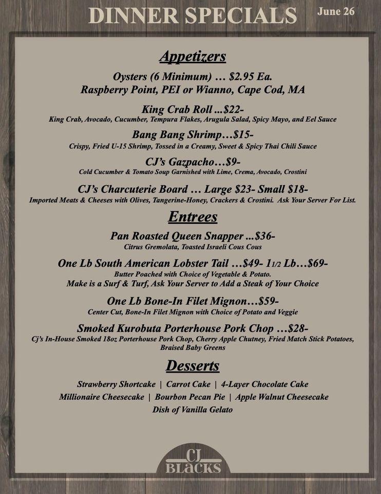 Menu at CJ Blacks Restaurant & Bar, Davie