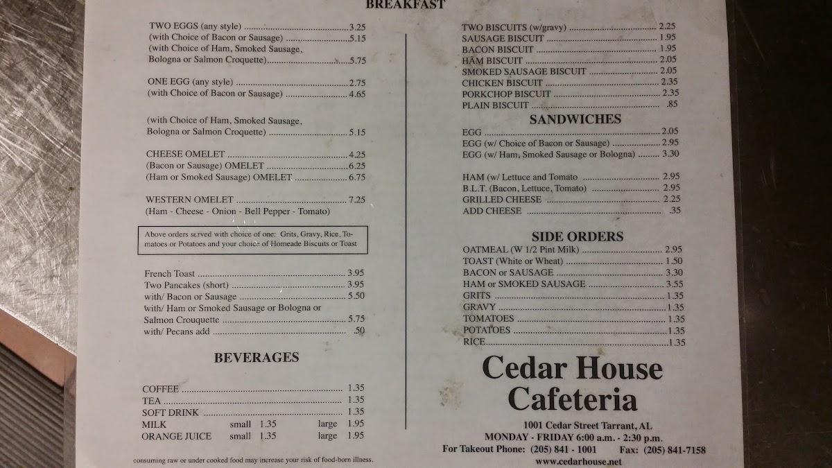 Menu at Cedar House Cafeteria, Birmingham