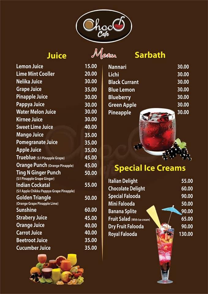Menu at Choco Cafe Juice Shop, Chennai
