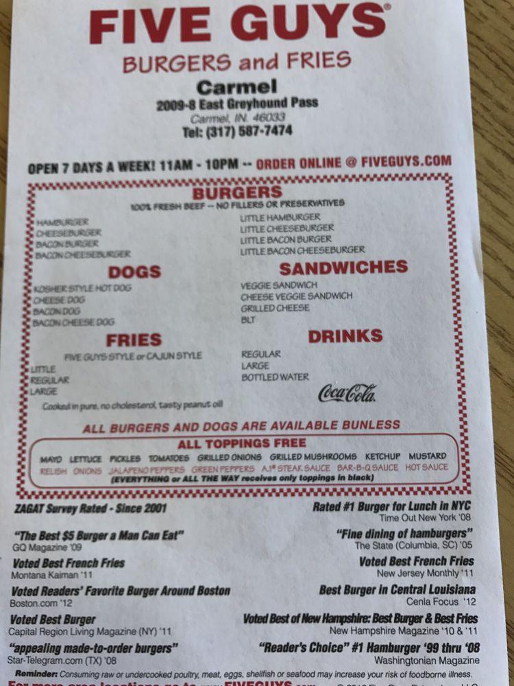 Menu at Five Guys fast food, Carmel, -8 E Greyhound Pass