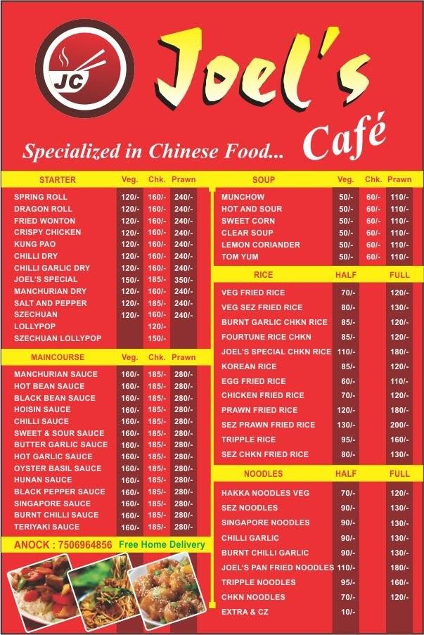 Menu at Joel's cafe, Mumbai