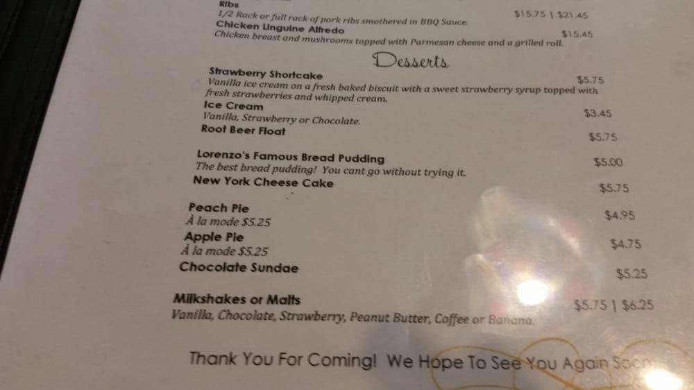 Menu at Lawrence's restaurant, King City