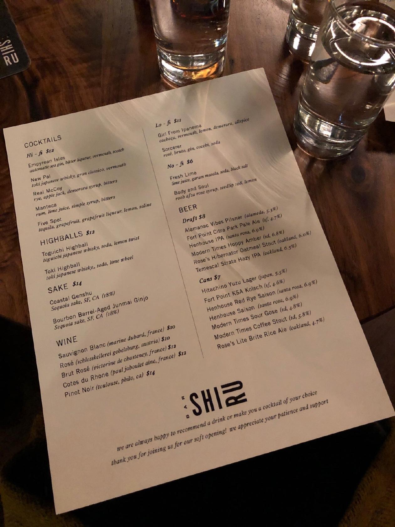 Menu at Bar Shiru, Oakland, Telegraph Ave #100