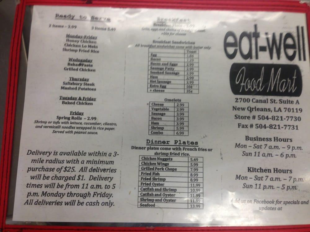 Menu at Eat-Well Food Mart restaurant, New Orleans, Canal St