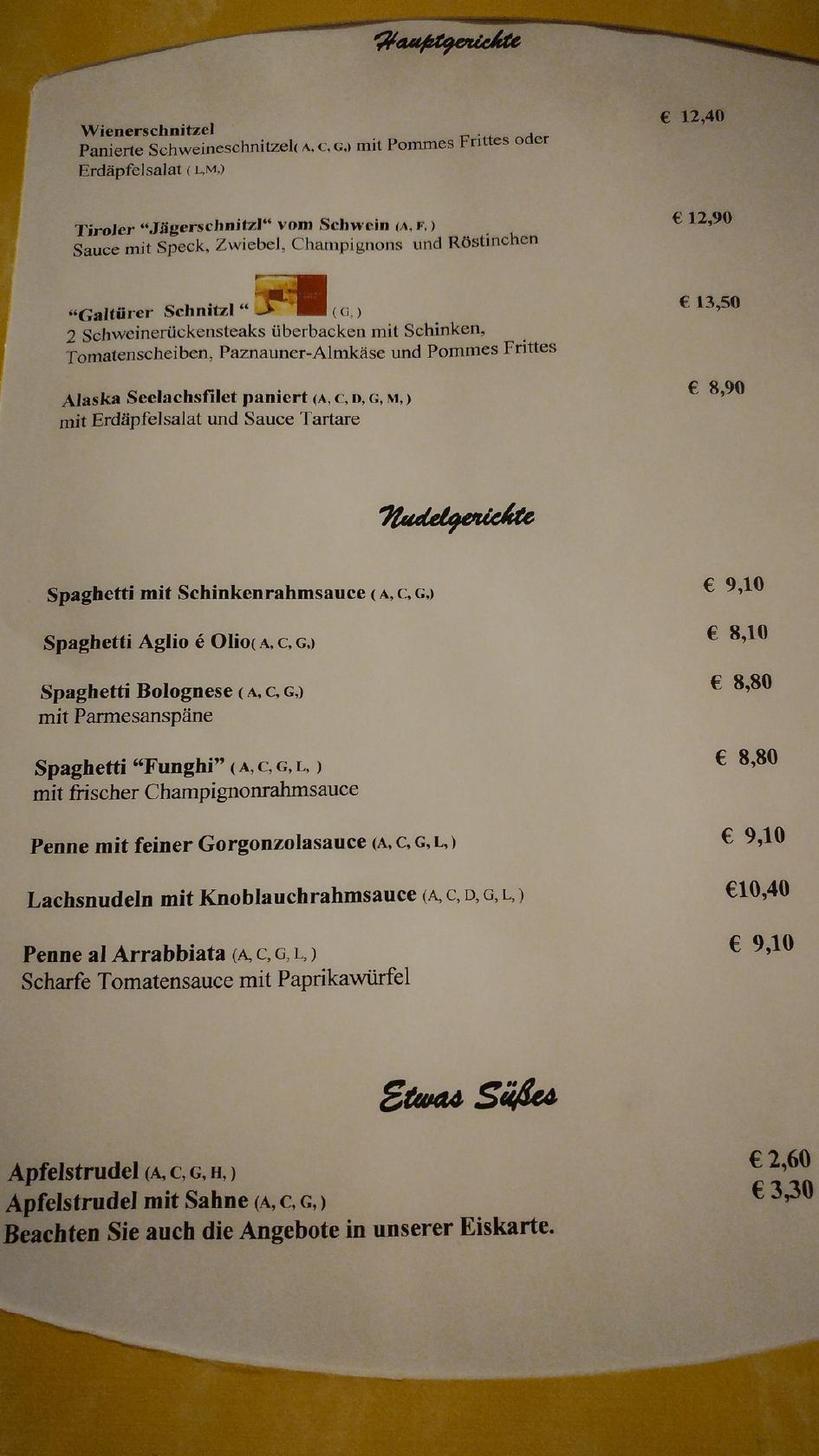 Speisekarte von Pizzeria Peppone, Galtür