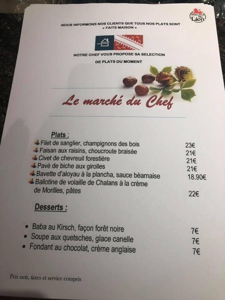 Menu au Restaurant Au Lion, Breuschwickersheim