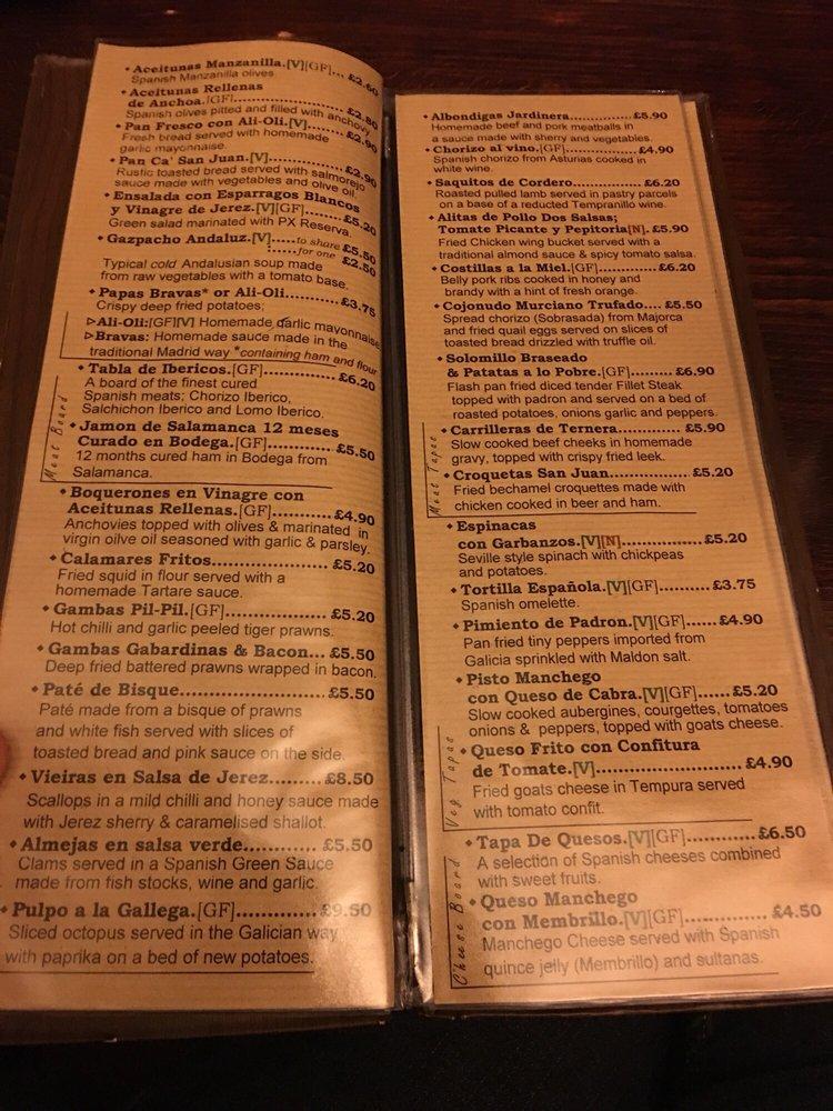 Menu at Bar San Juan, Manchester