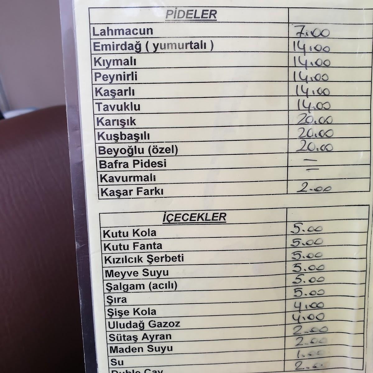 Menu at Beyoglu Emirdağ Pide&Güveç Salonu, Eskişehir