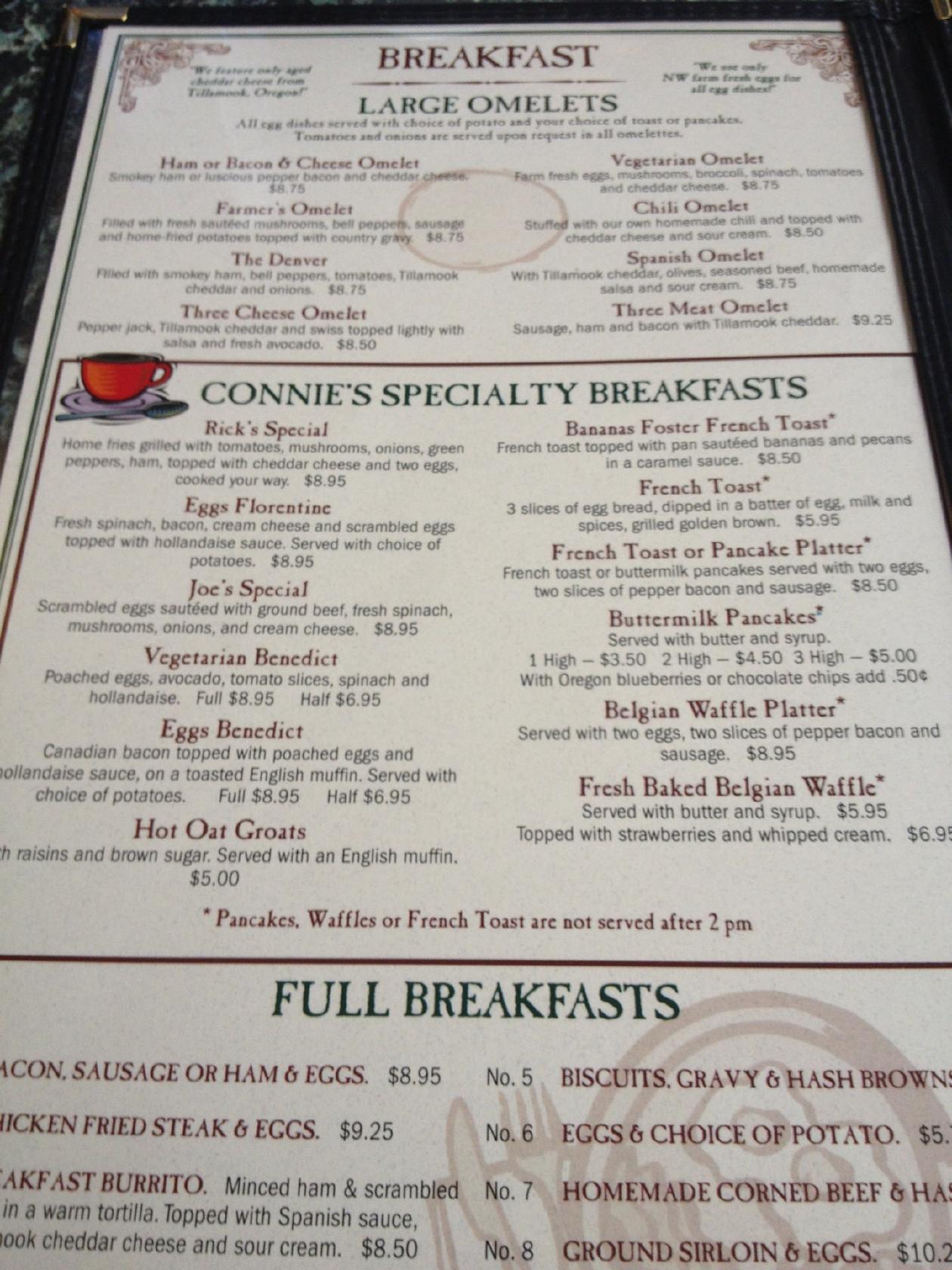 Menu at Connie's Cafe & Lounge, Sandpoint