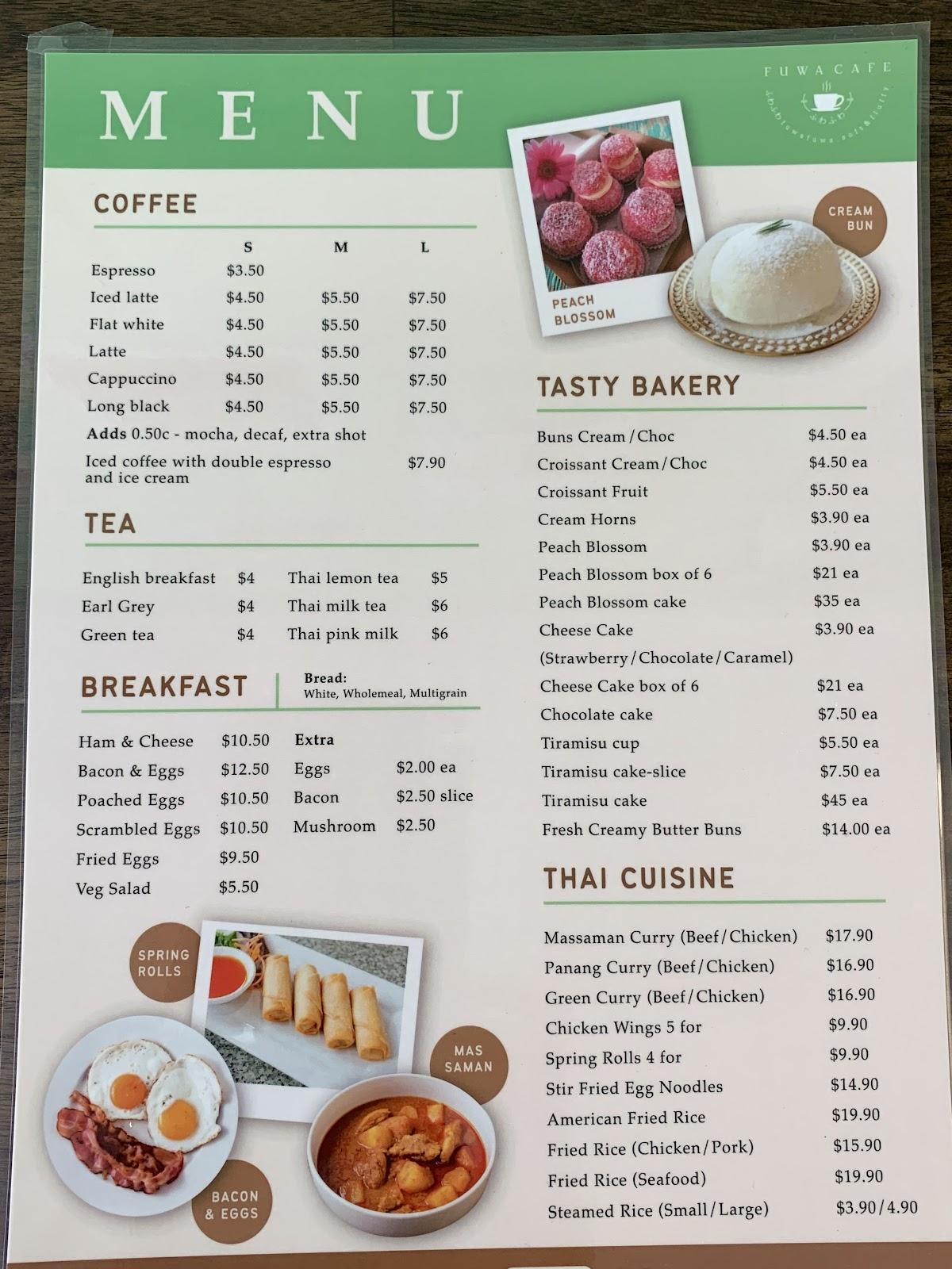 Menu at FUWA Cafe, Cairns City