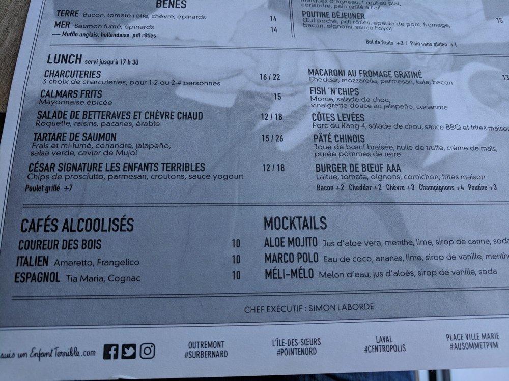 Menu au Les Enfants Terribles - Au Sommet Place Ville Marie restaurant ...