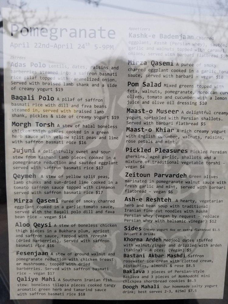 Menu at Pomegranate Restaurant, Toronto