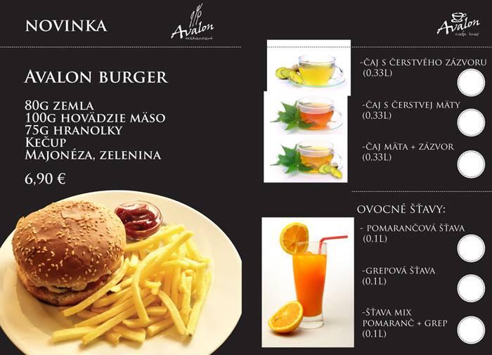 Menu at Avalon restaurant, Bratislava