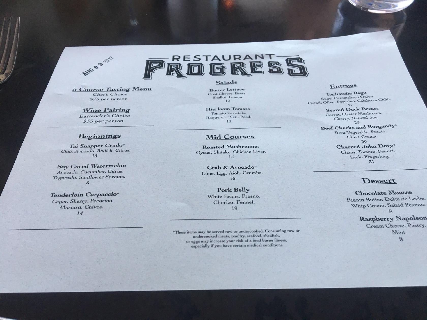 Menu at Restaurant Progress, Phoenix