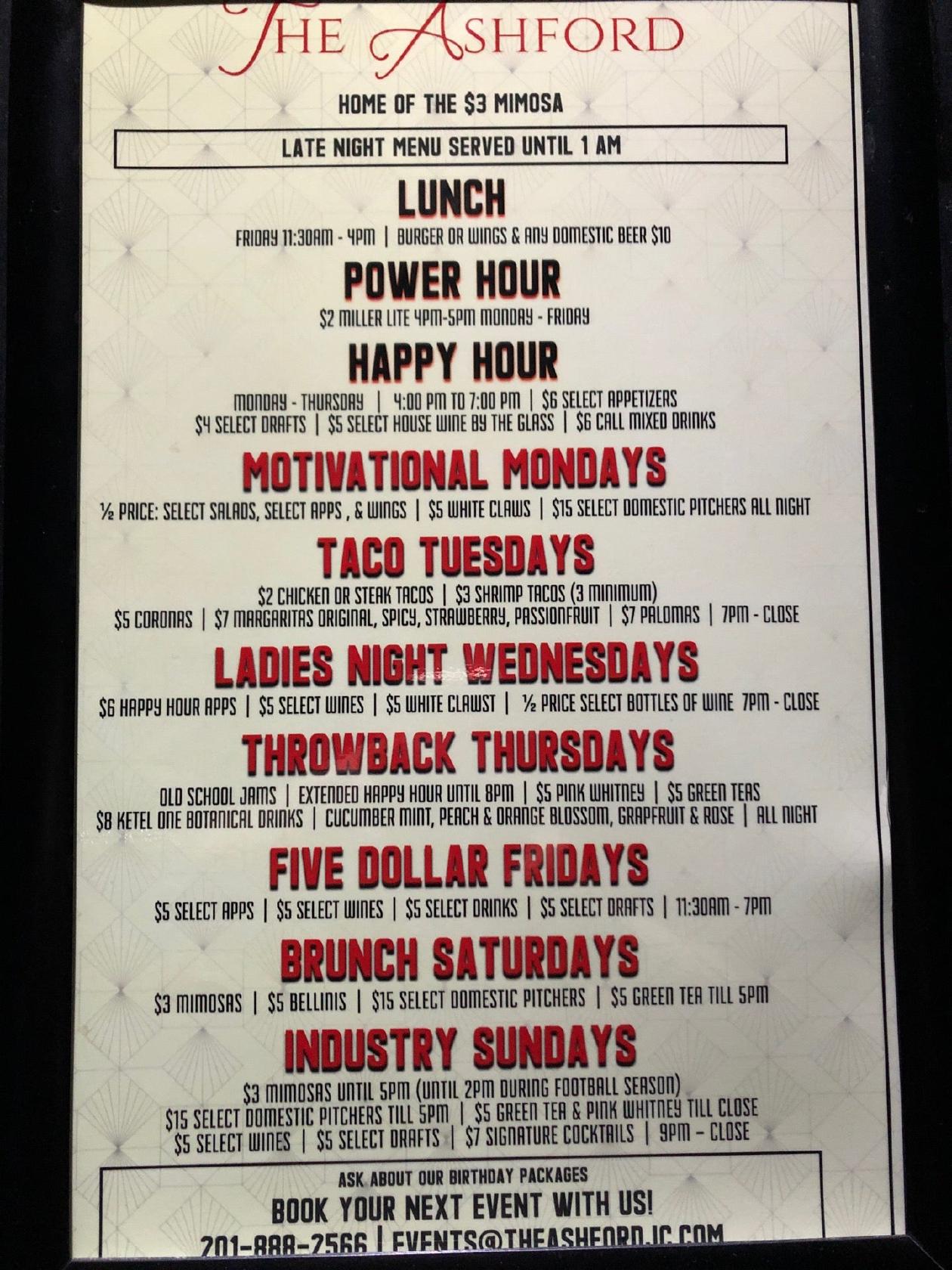 Menu at The Ashford pub & bar, Jersey City