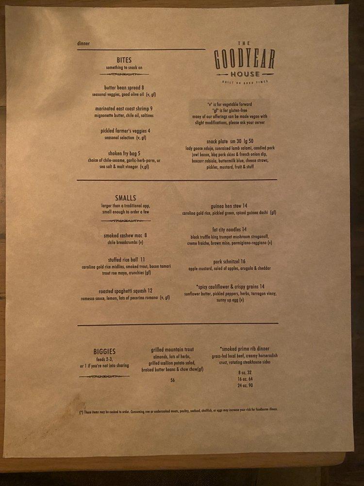 Menu at The Goodyear House pub & bar, Charlotte