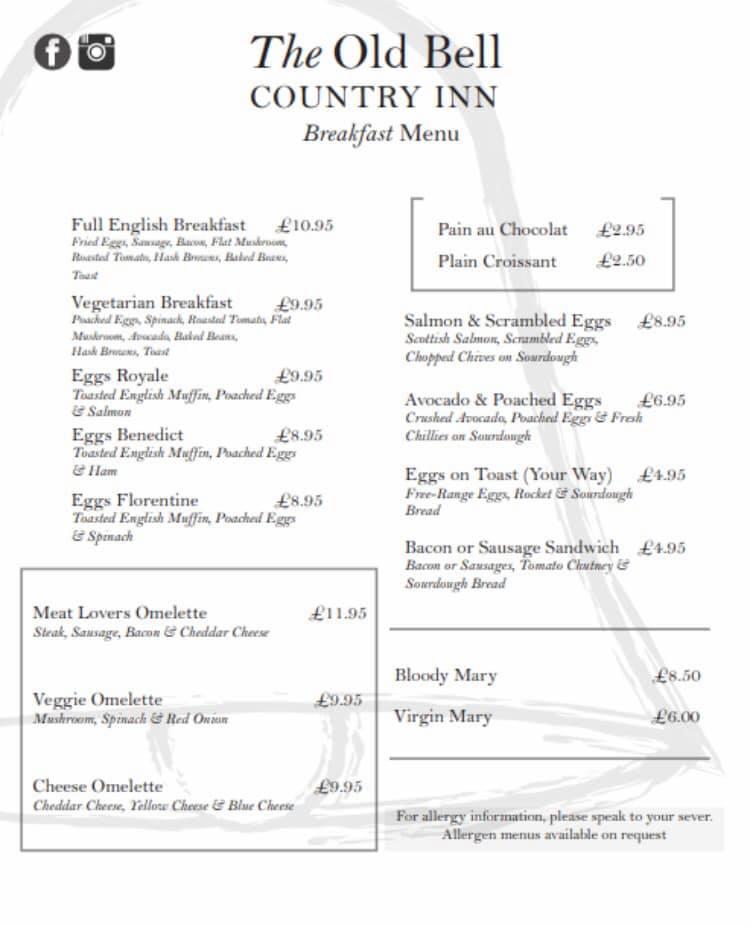 Menu at The Old Bell Country Inn pub & bar, High Wycombe