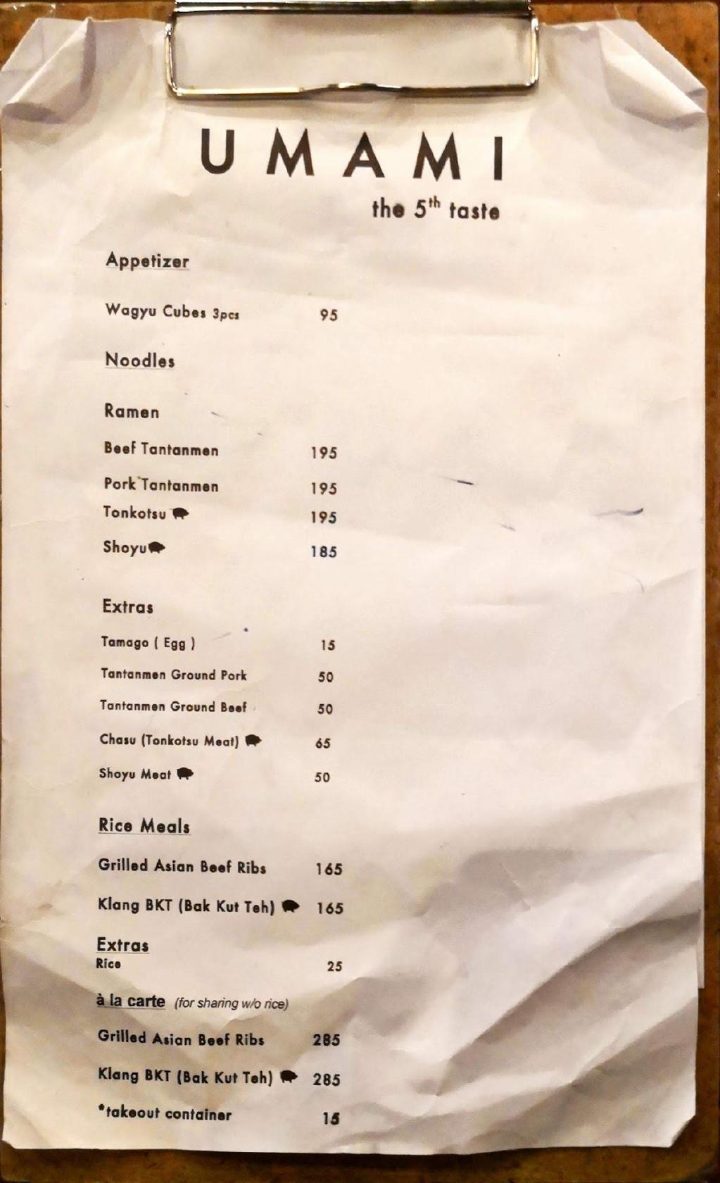 Menu at UMAMI the 5th taste restaurant, Zamboanga