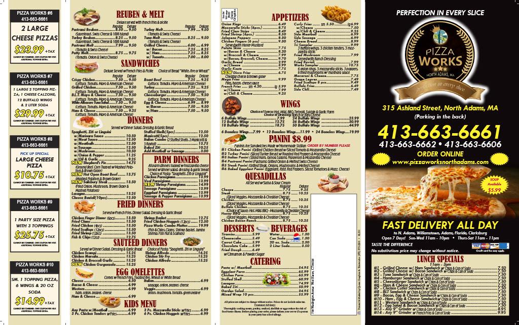 Menu at Pizza Works pizzeria, North Adams