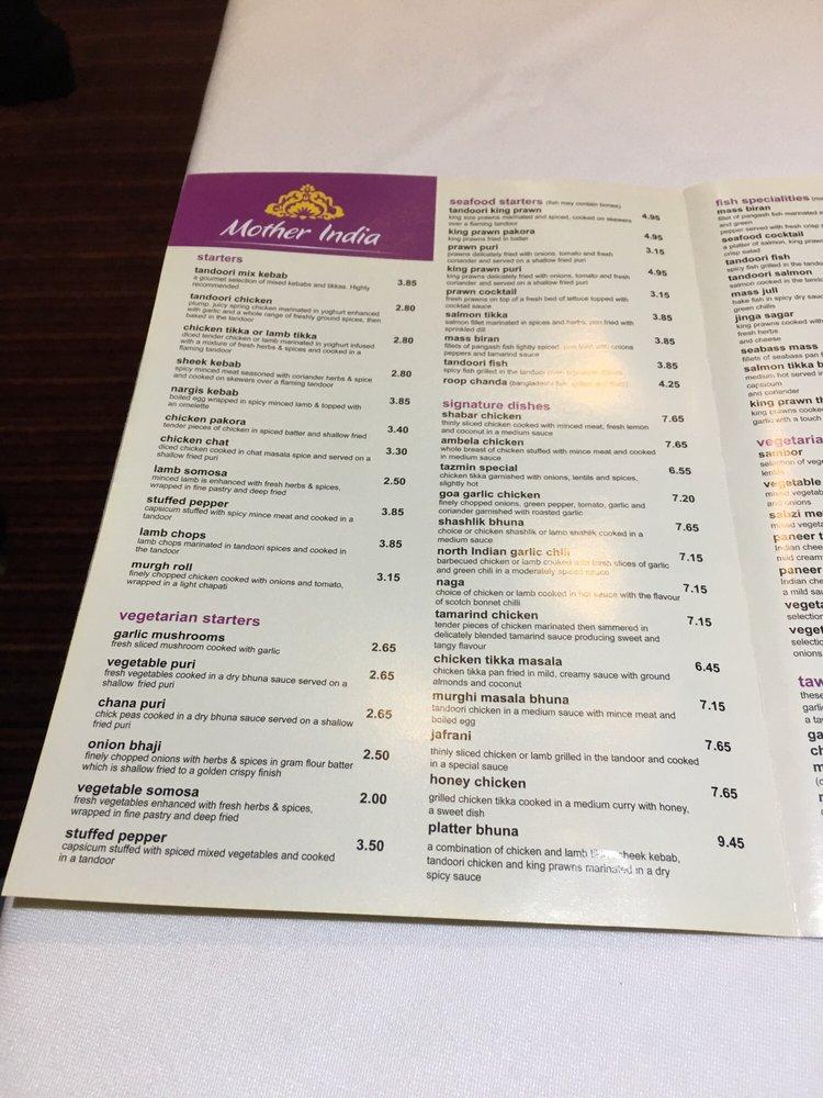 Menu at Mother India restaurant, Sutton Coldfield, 60A Boldmere Rd