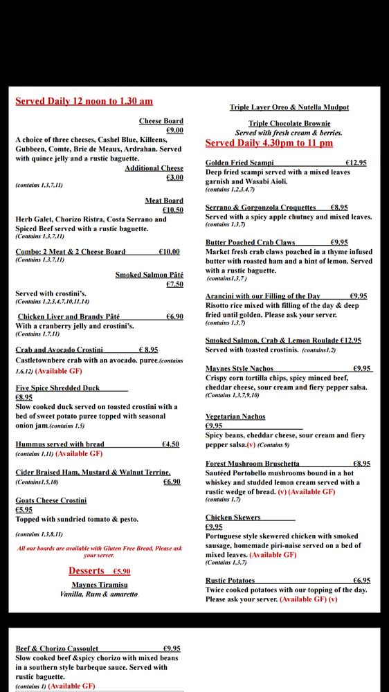Menu at Arthur Mayne's Pharmacy pub & bar, Cork, 7 Pembroke St