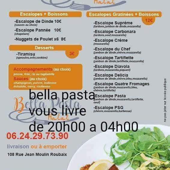 Menu au Bella Pasta Grill Pate restaurant, Roubaix