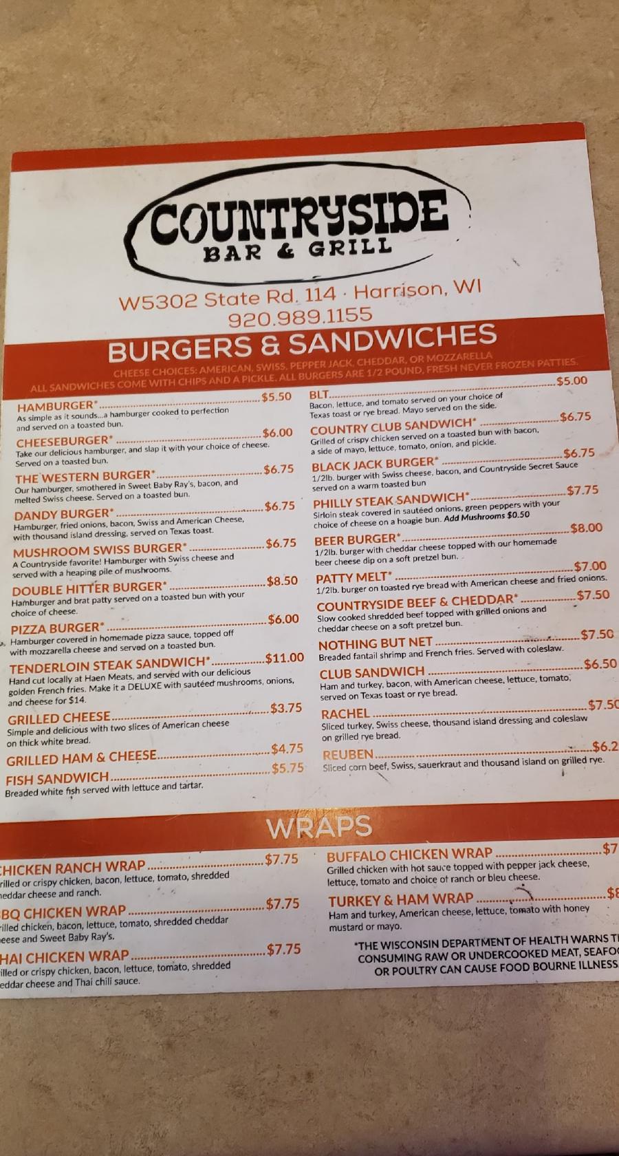 Menu at Countryside Bar & Grill, Harrison, W5302 State Road 114